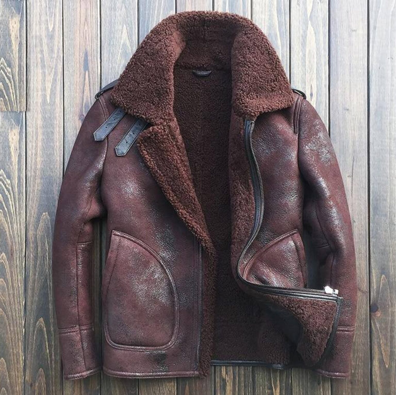 Dark maroon bomber jacket fur collar | Aviator shearling leather