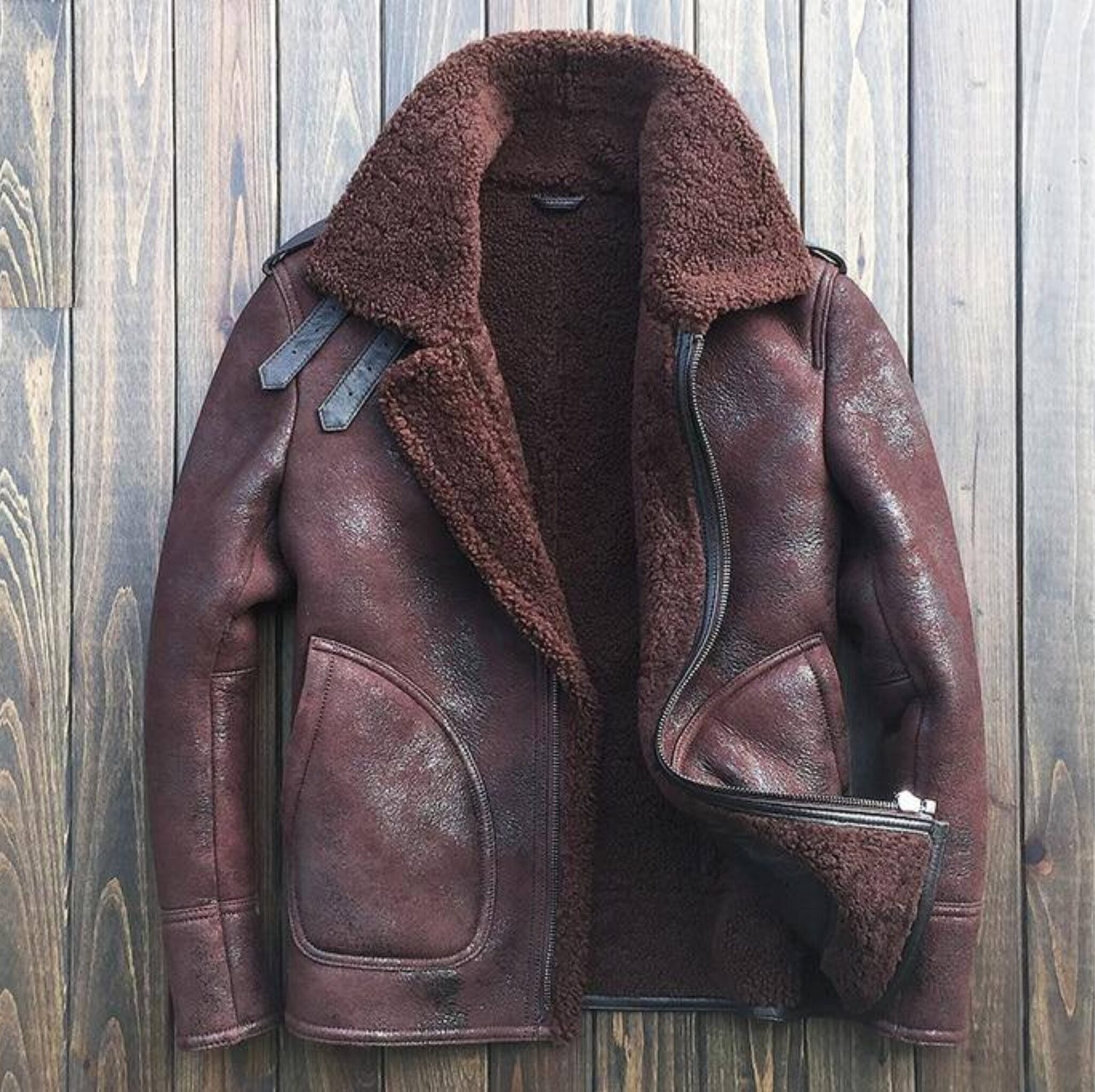 Dark maroon bomber jacket fur collar | Aviator shearling leather